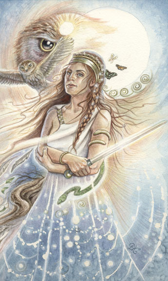 Animals Divine Tarot: Gallery: Major Arcana: Queen of Swords - Athena